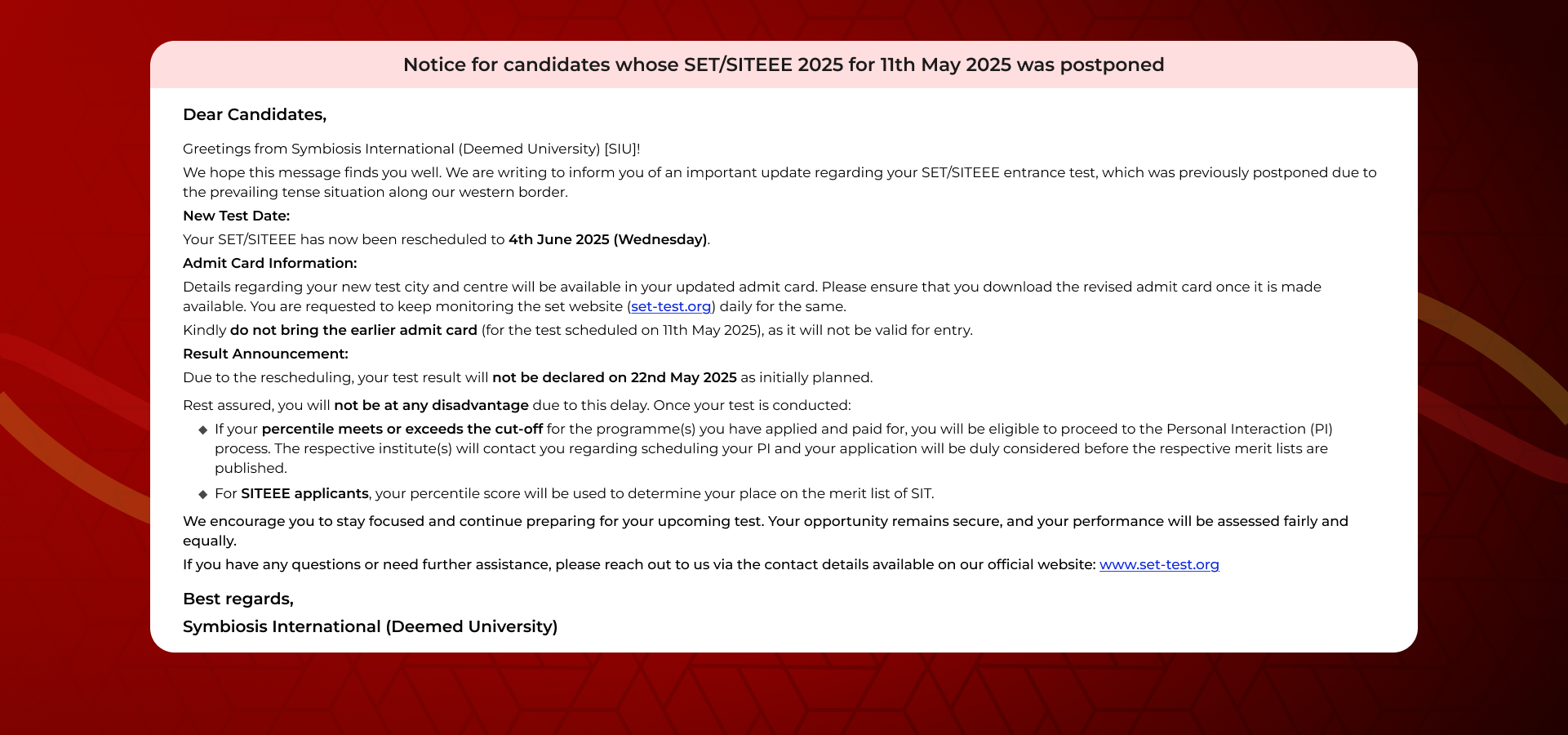 SET Exam 2025 - Symbiosis UG Entrance Test (Official Website)